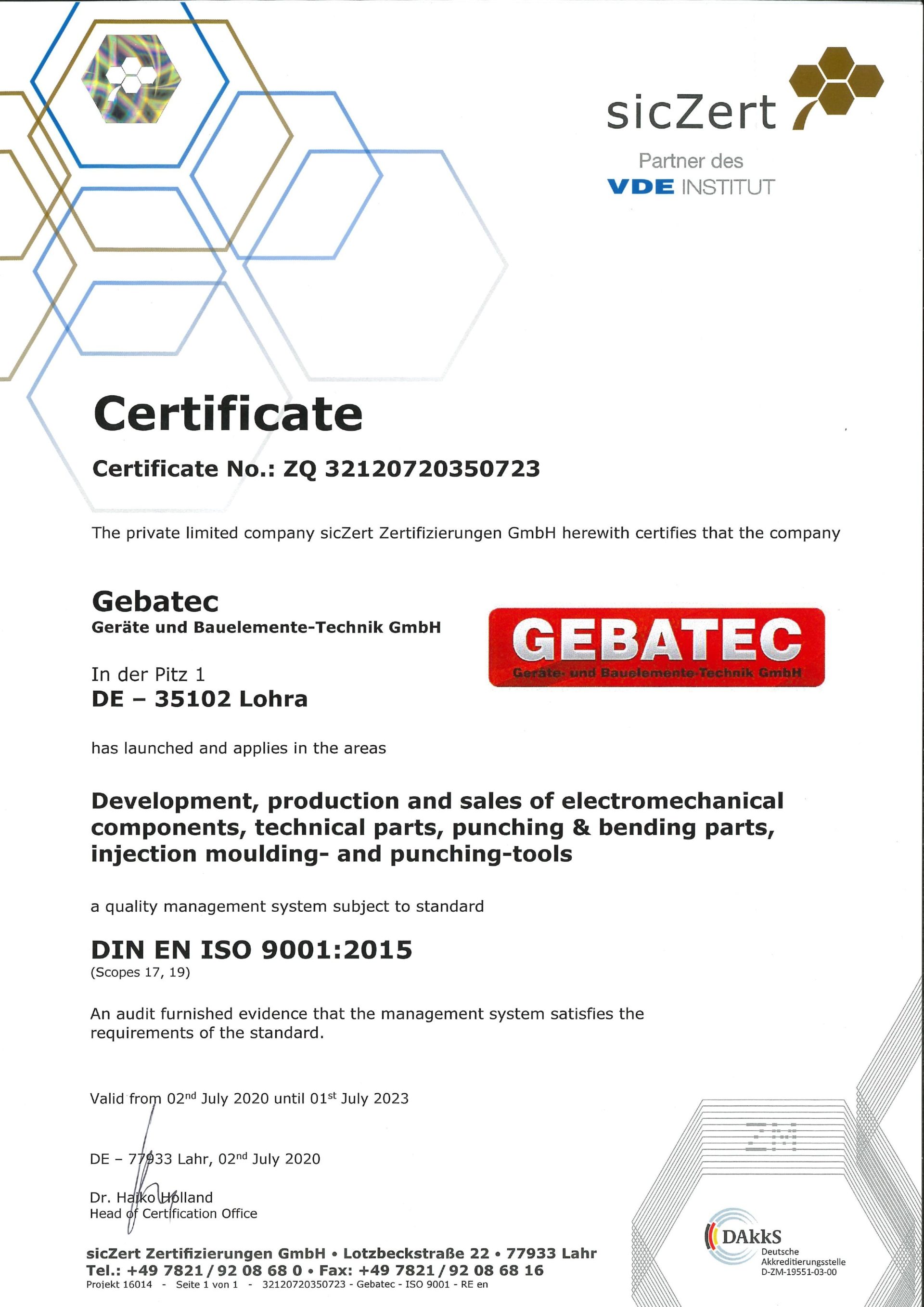 DIN EN ISO 9001 - GEBATEC Geräte- und Bauelemente-Technik GmbH